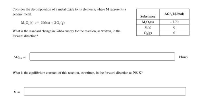 Solved Consider the decomposition of a metal oxide to its | Chegg.com