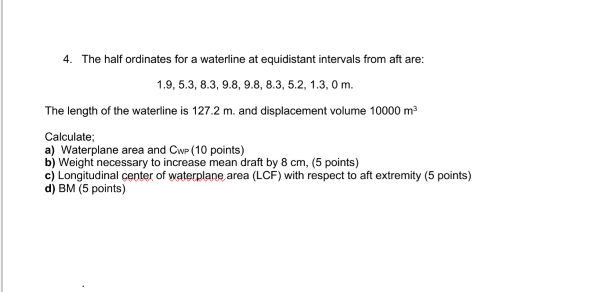 4. The half ordinates for a waterline at equidistant | Chegg.com