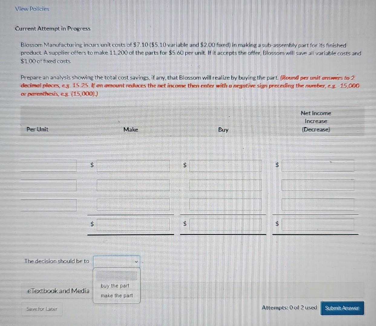 Solved Current Attempt in Progress Blossom Manufacturing | Chegg.com