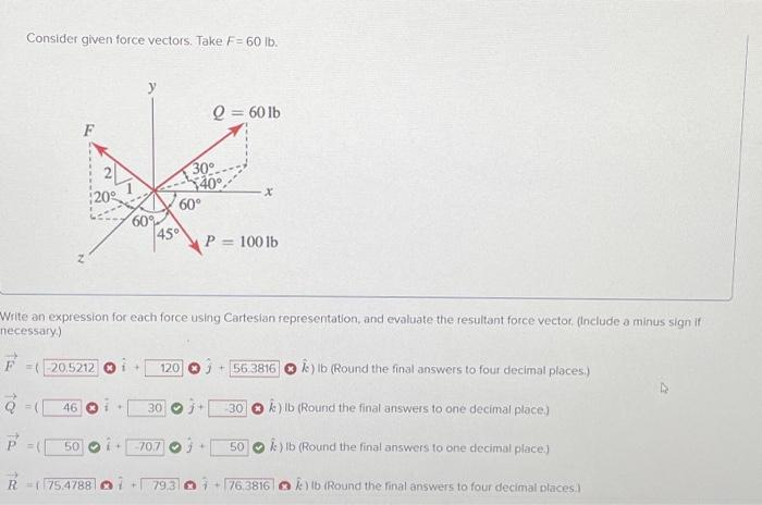 Solved Consider given force vectors. Take F= 60 lb. F Z Q P | Chegg.com