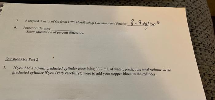 Solved 5. Accepted density of Cu from CRC Handbook of | Chegg.com