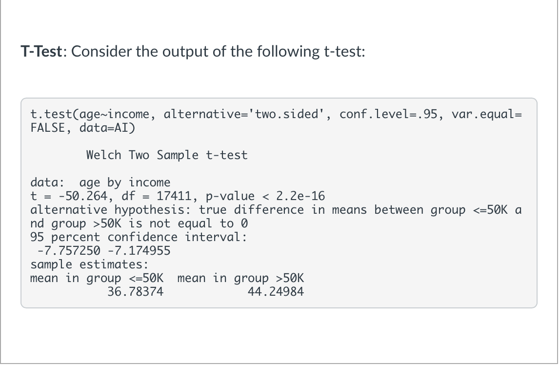 Solved T-Test: Consider the output of the following t-test: | Chegg.com