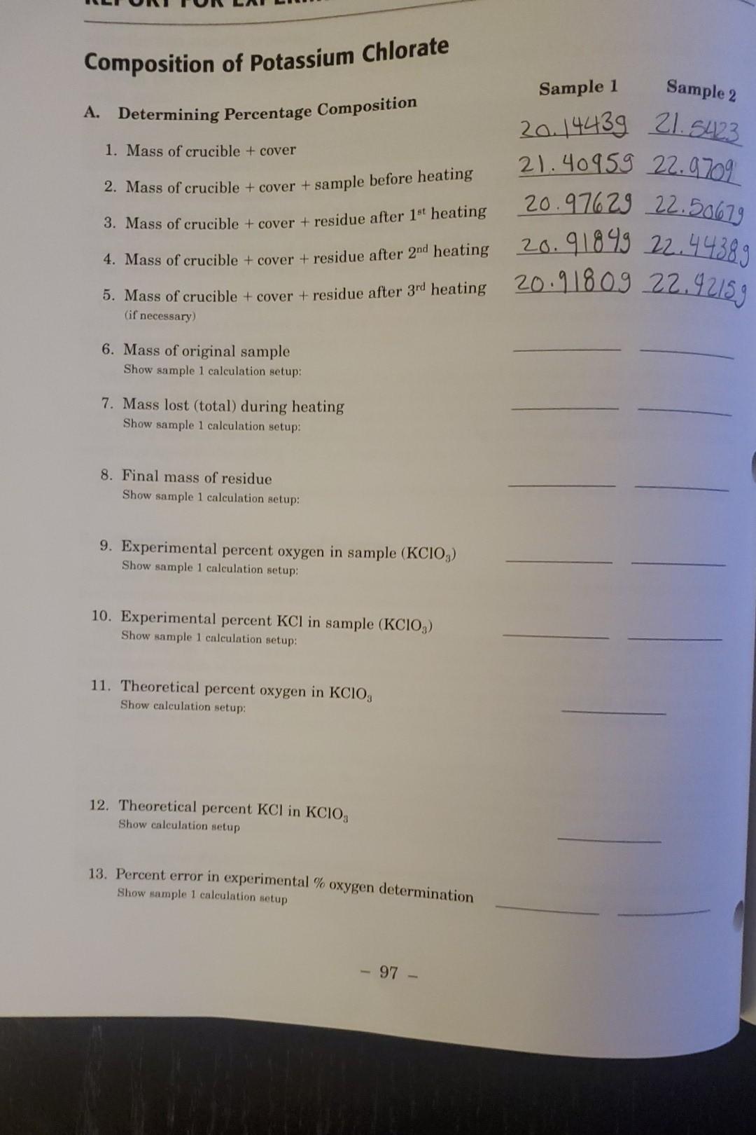 Solved Composition of Potassium Chlorate Sample 1 Sample 2 | Chegg.com