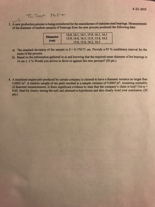 Solved 4-22-2019 T- Test prophen 3. A new production process | Chegg.com