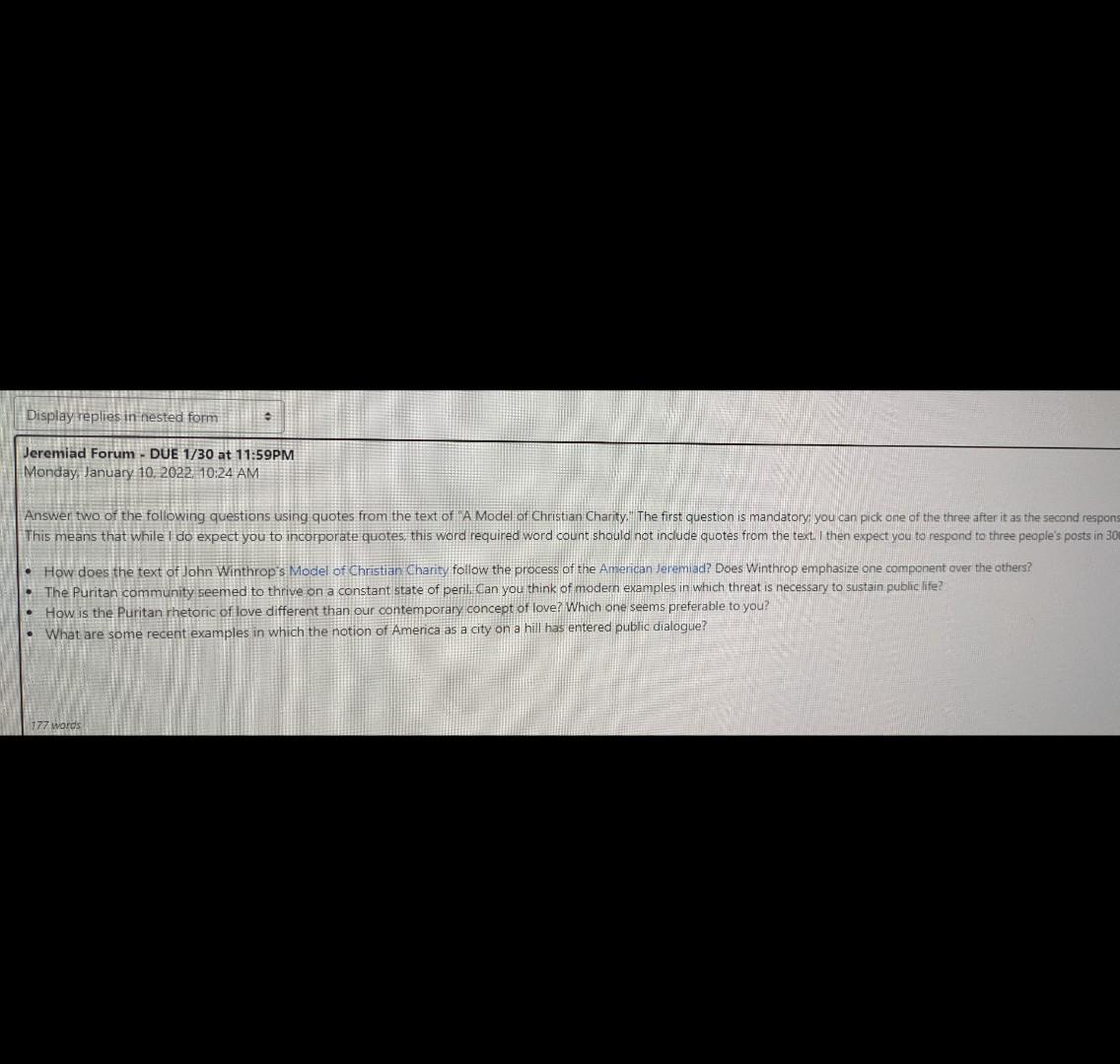 Display replies in nested form Jeremiad Forum - DUE | Chegg.com