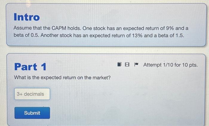 Solved Assume that the CAPM holds. One stock has an expected | Chegg.com