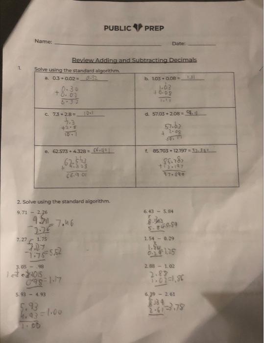 Solved Review Adding and Subtracting Decimals Solve using | Chegg.com