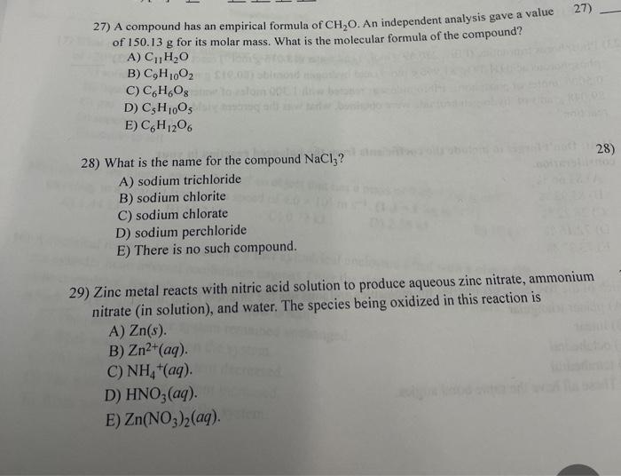 Solved 27) A compound has an empirical formula of CH2O. An | Chegg.com
