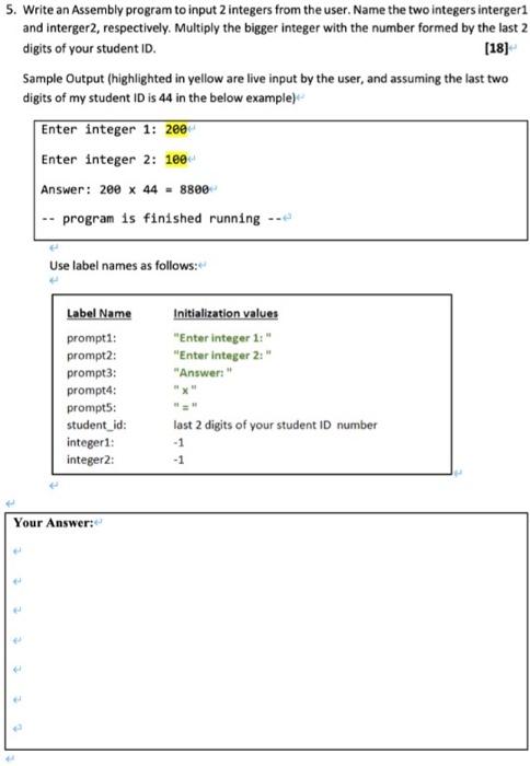 Solved 5. Write an Assembly program to input 2 integers from | Chegg.com