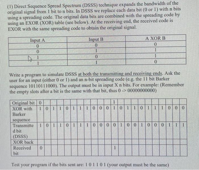 Solved 1 Direct Sequence Spread Spectrum Dsss Technique