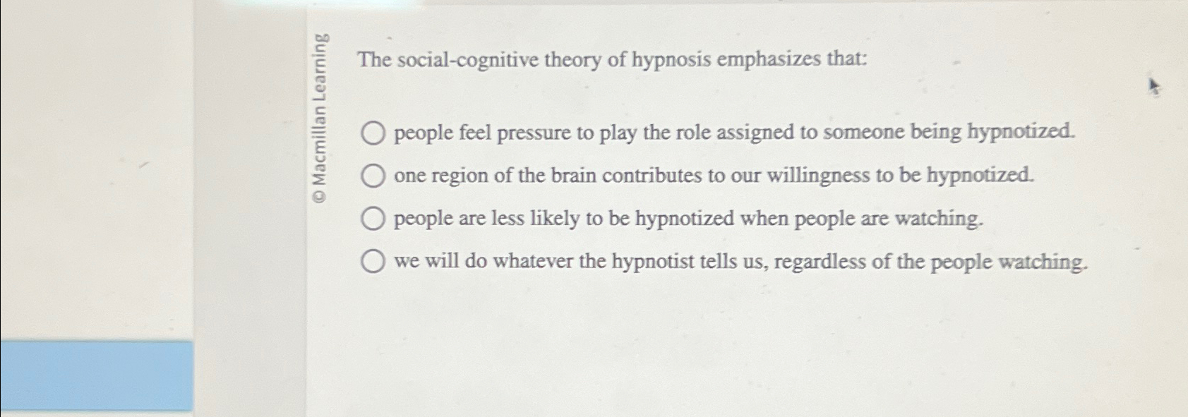 Solved The social-cognitive theory of hypnosis emphasizes | Chegg.com