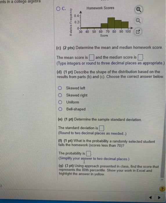 Solved Х o Bollege Algebra Homework Scores equency h answer | Chegg.com