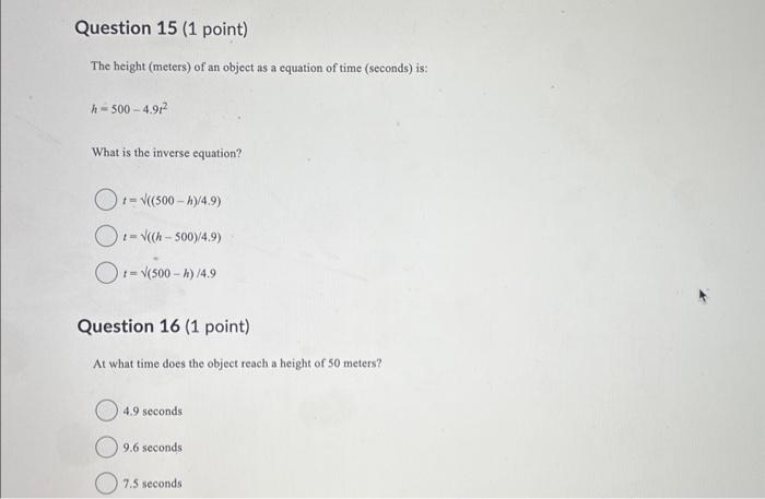 Solved The height (meters) of an object as a equation of | Chegg.com