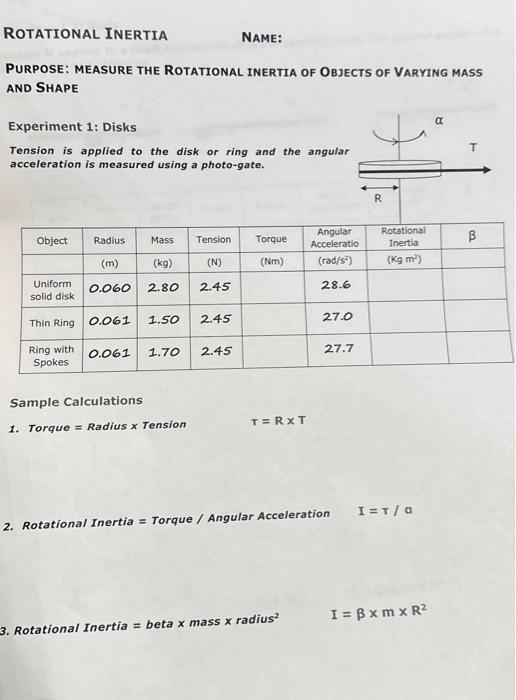 Solved ROTATIONAL INERTIA NAME: PURPOSE: MEASURE THE | Chegg.com