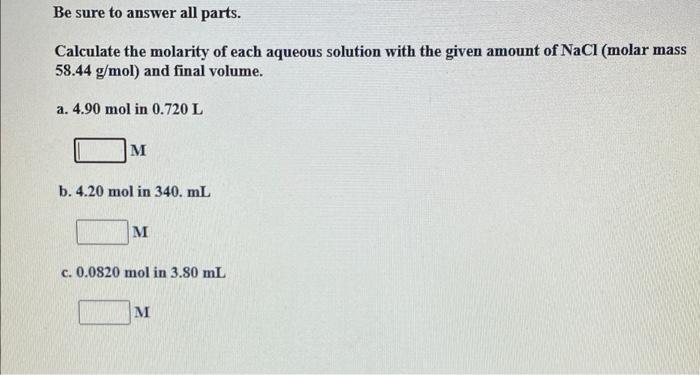 Solved Calculate the molarity of each aqueous solution with | Chegg.com