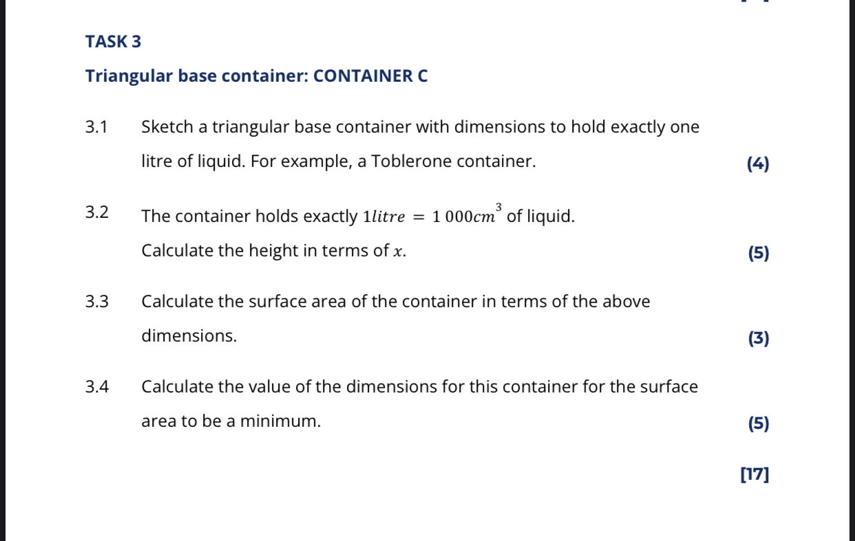 Solved TASK 3Triangular base container: CONTAINER C3.1 | Chegg.com
