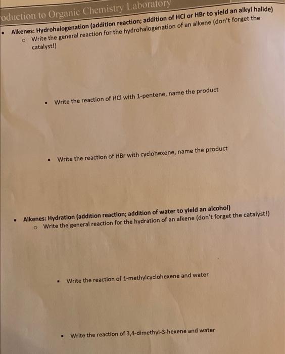 Solved oduction to Organic Chemistry Laboratory Alkenes: | Chegg.com