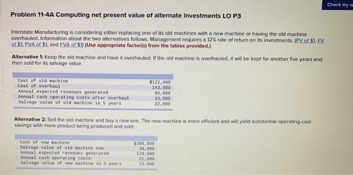 Solved Check my Problem 11-4A Computing net present value of | Chegg.com