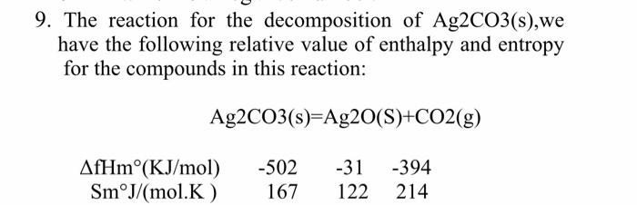 Solved 9. The reaction for the decomposition of Ag2CO3( s), | Chegg.com