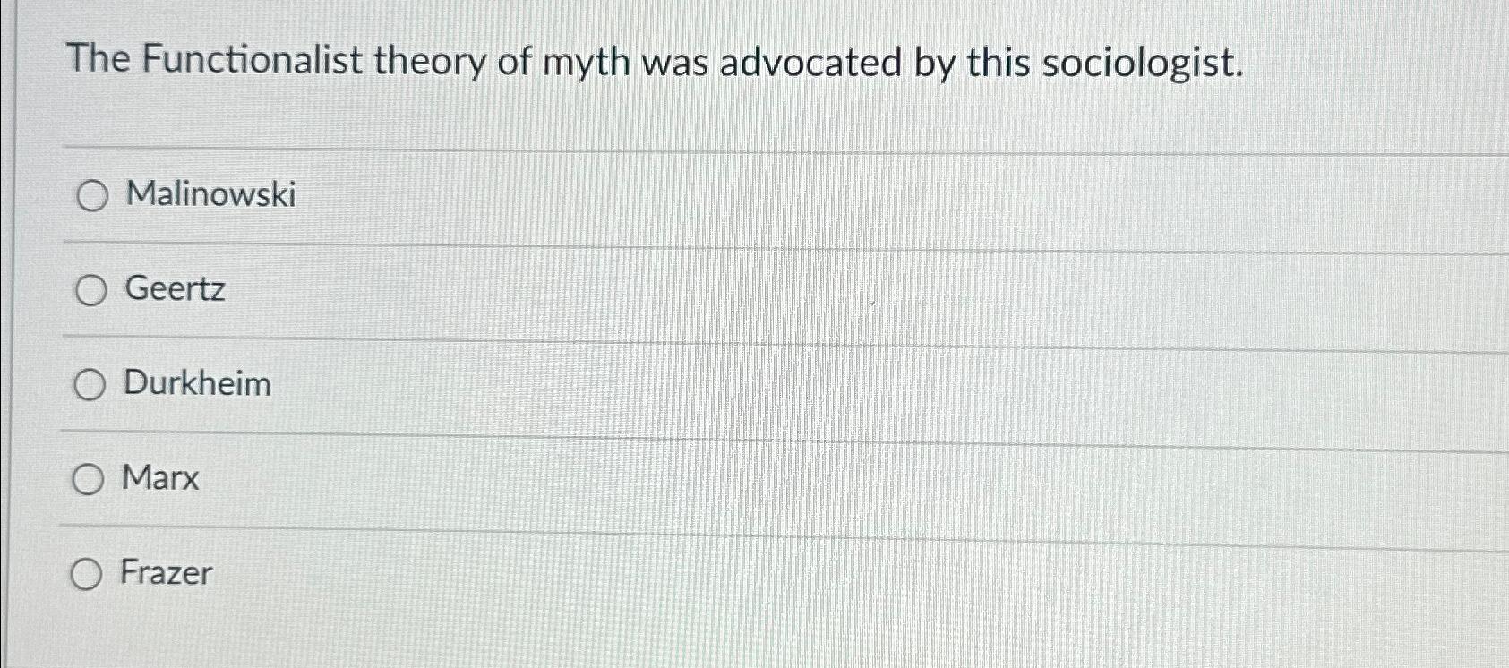Solved The Functionalist theory of myth was advocated by | Chegg.com