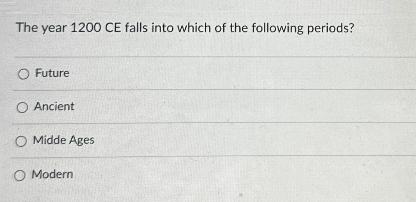 Solved The year 1200 ﻿CE falls into which of the following | Chegg.com