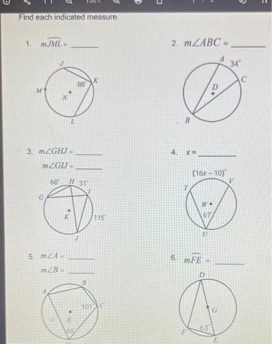 Solved Find each indicated measure. 1. mJML= 2. m∠ABC= 3. | Chegg.com