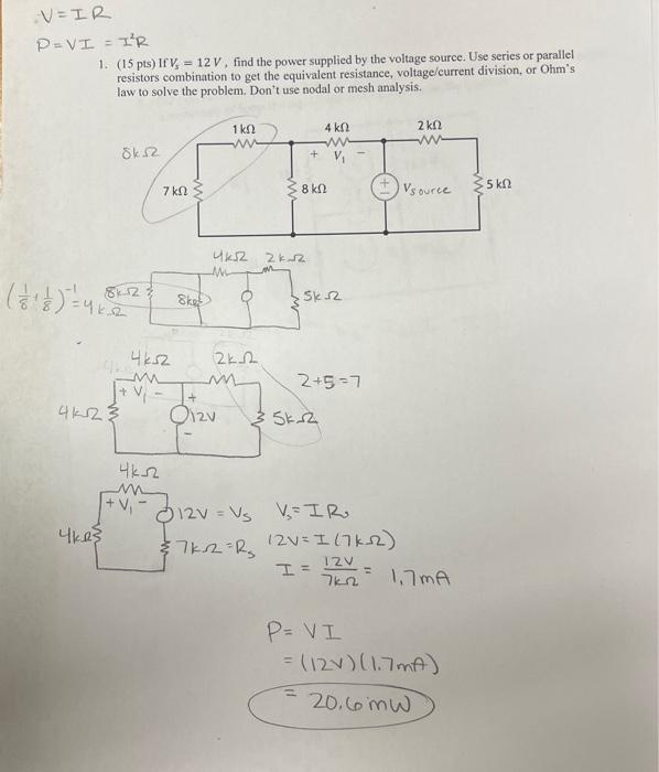 Solved V=IRP=VI=I2R 1. (15 pts) If Vs=12 V, find the power | Chegg.com