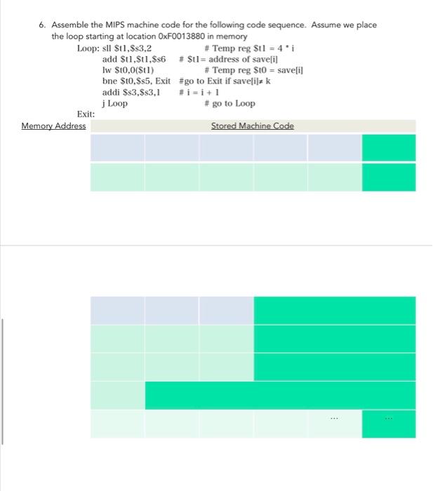Solved 6. Assemble the MIPS machine code for the following | Chegg.com