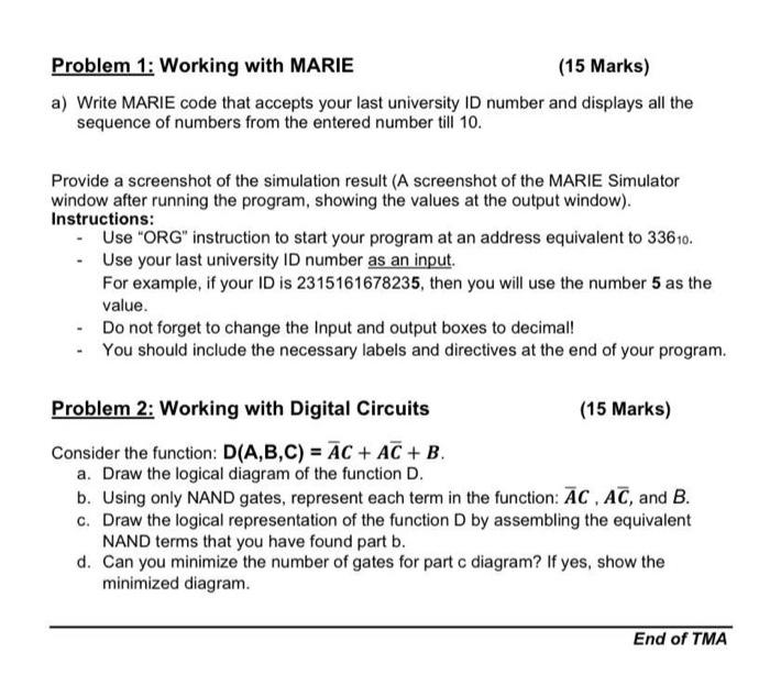 Solved Problem 1: Working with MARIE (15 Marks) a) Write | Chegg.com