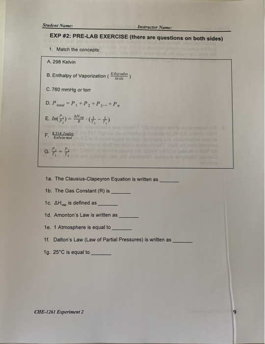 Solved Student Name: Instructor Name: EXP #2: PRE-LAB | Chegg.com