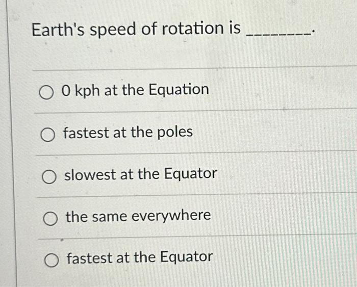 Solved Earth's speed of rotation is 0kph at the Equation | Chegg.com