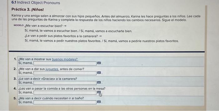 6.1 Indirect Object Pronouns Práctica 1. Los Reyes | Chegg.com