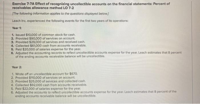 Solved Exercise 7-7A Effect of recognizing uncollectible | Chegg.com