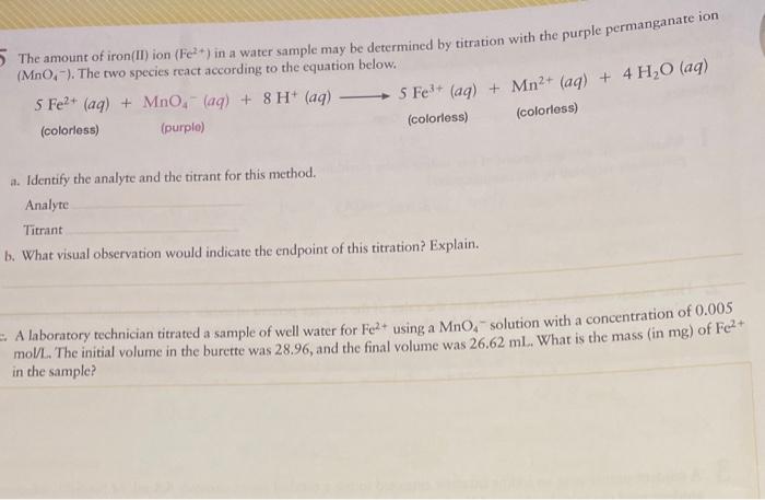 Solved The amount of iron(i) ion (Fe2") in a water sample | Chegg.com