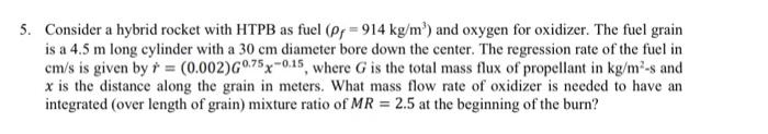 Solved Consider a hybrid rocket with HTPB as fuel (ρf=914 | Chegg.com