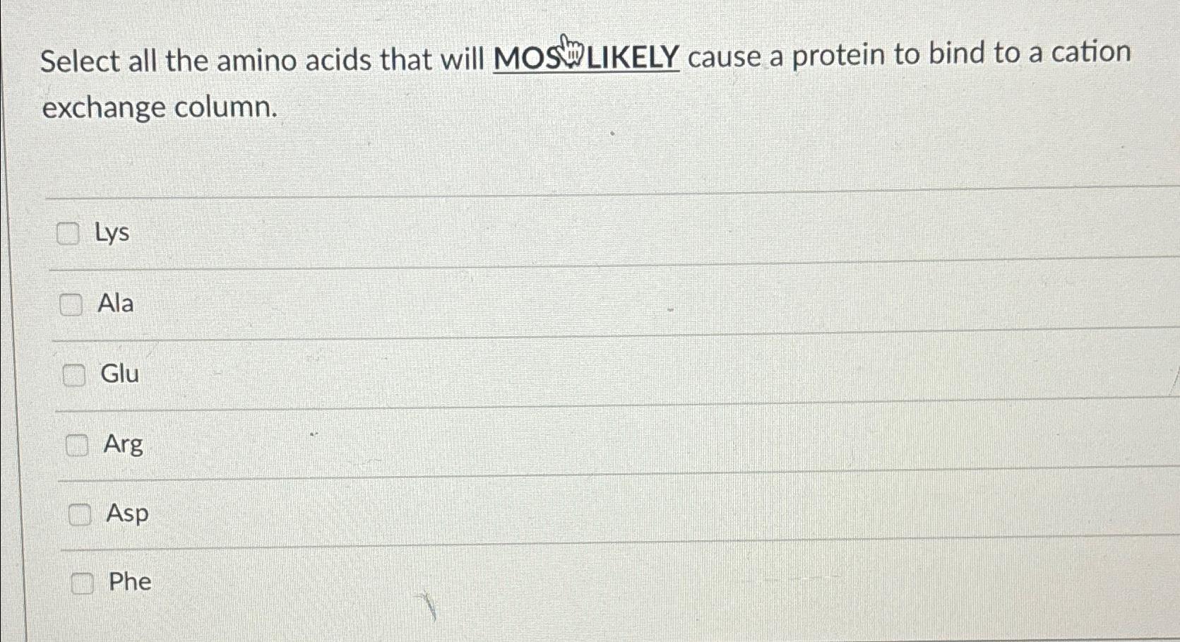 Solved Select all the amino acids that will MOST LIKELY | Chegg.com