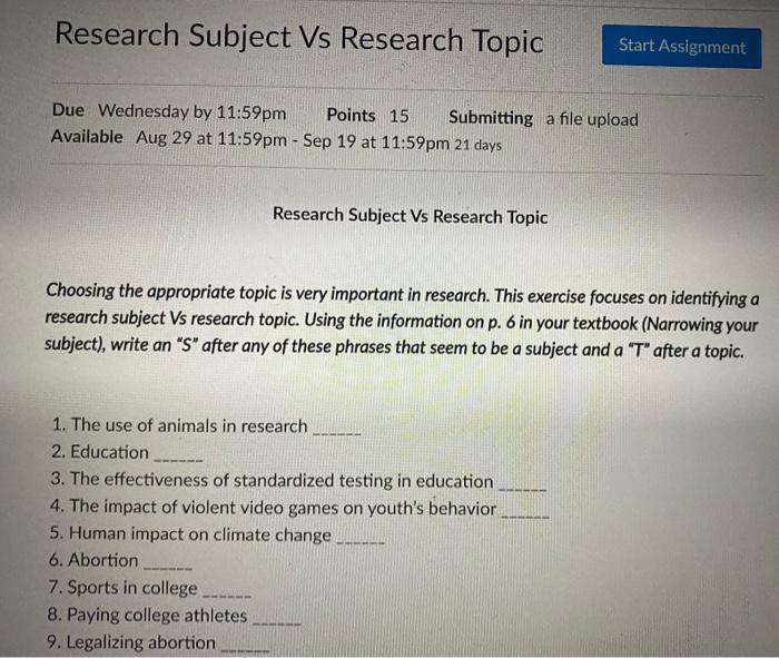 Research Subject Vs Research Topic Start Assignment | Chegg.com