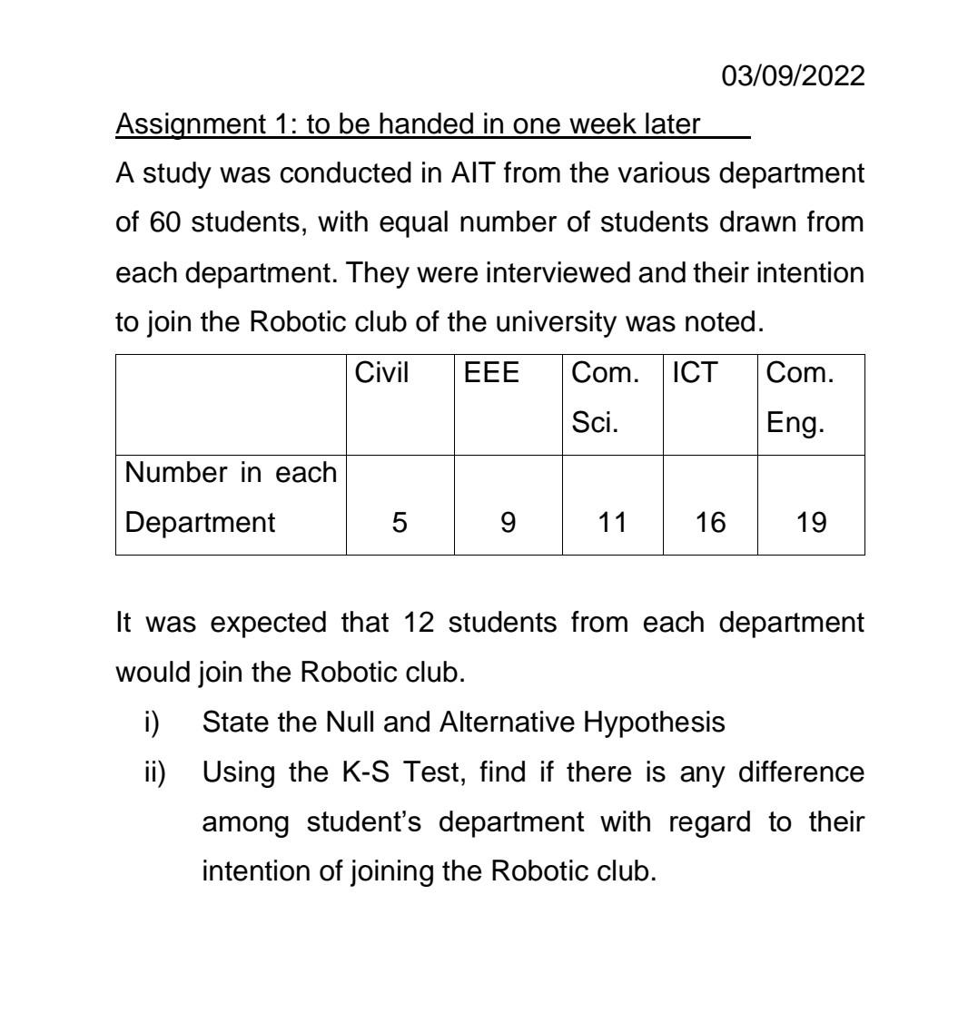 Solved Assignment 1: to be handed in one week later A study | Chegg.com