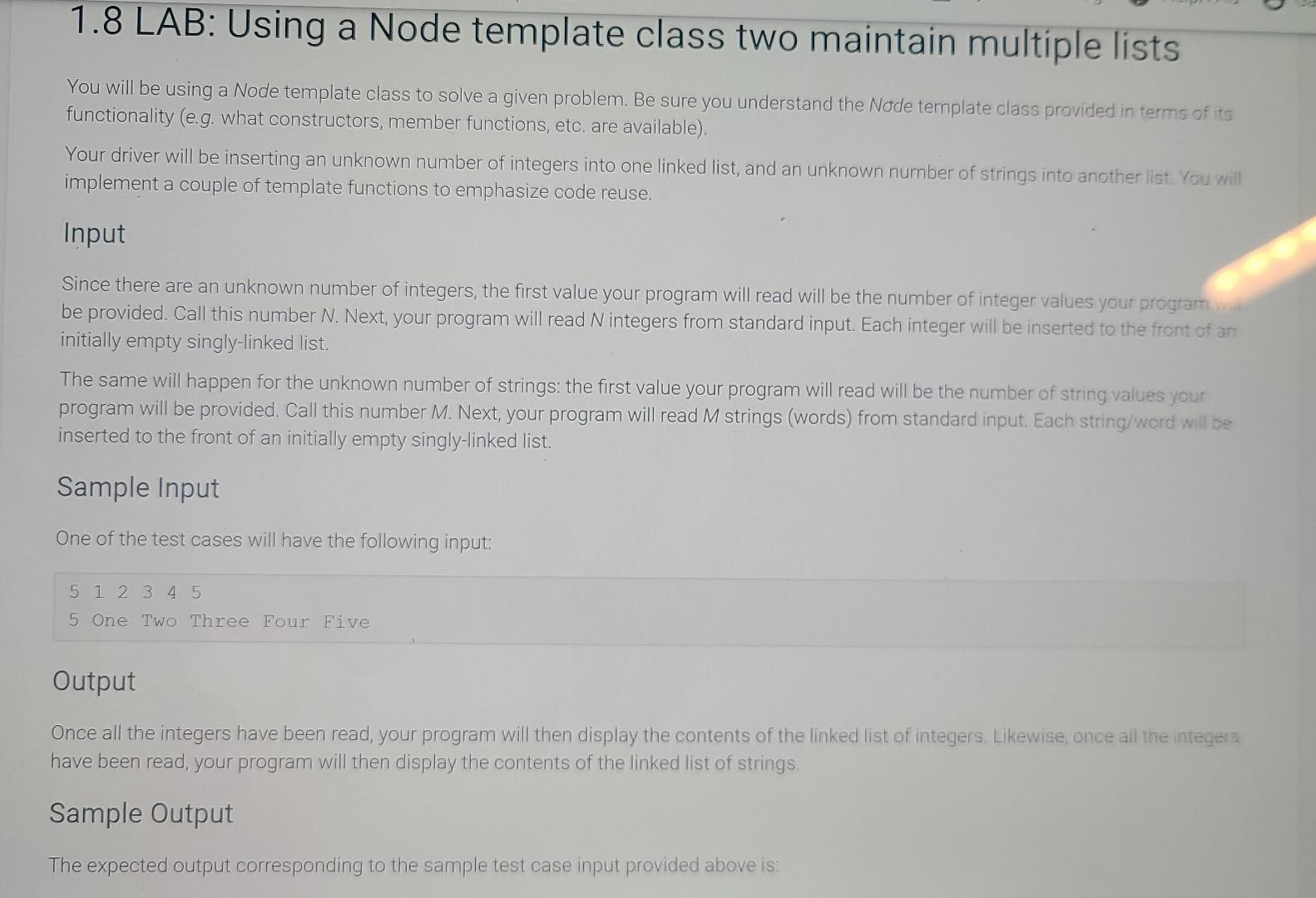 1.8 LAB: Using a Node template class two maintain | Chegg.com