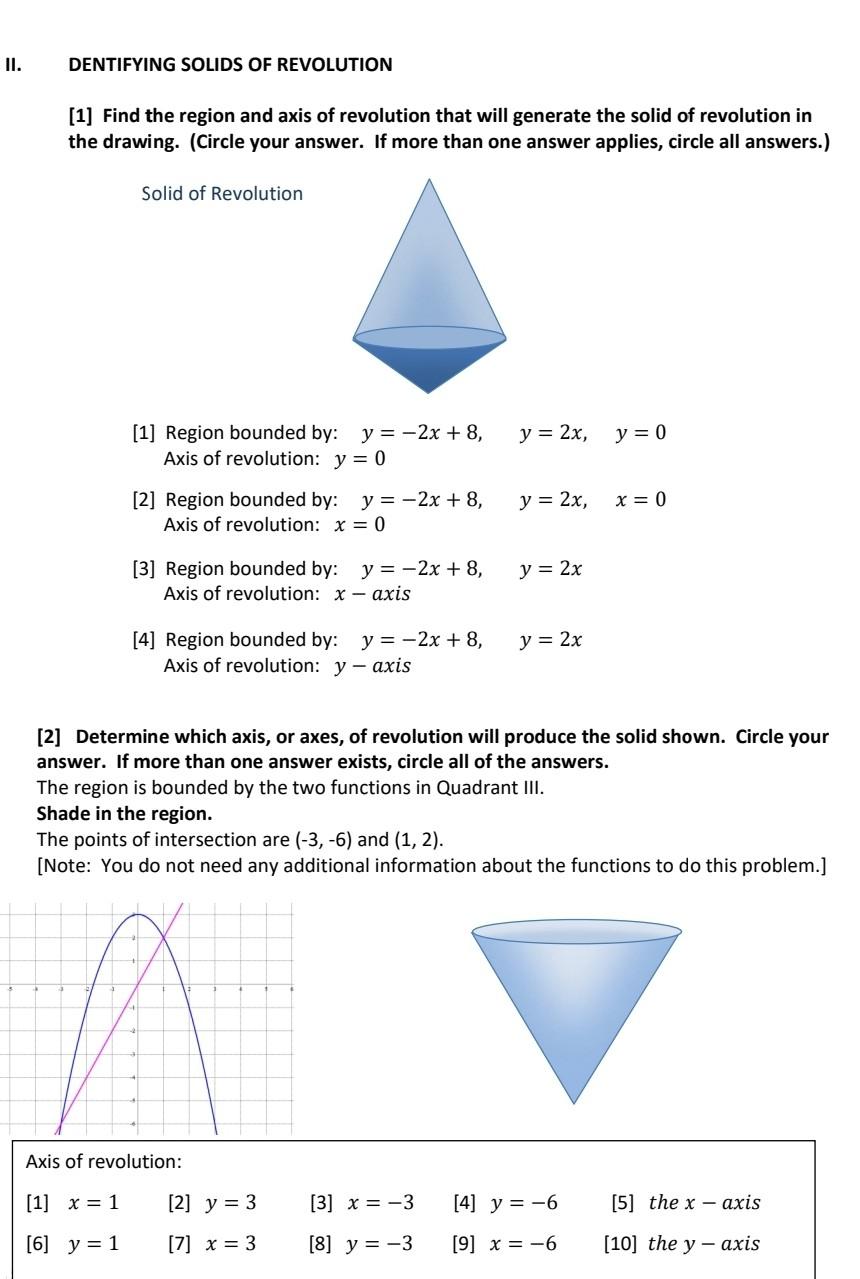 Solved II. DENTIFYING SOLIDS OF REVOLUTION [1] Find the | Chegg.com