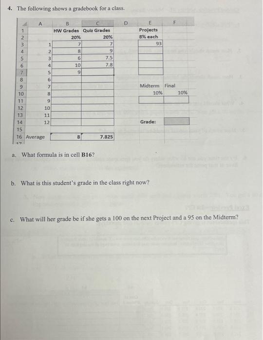 Solved 4. The following shows a gradebook for a class. a. | Chegg.com