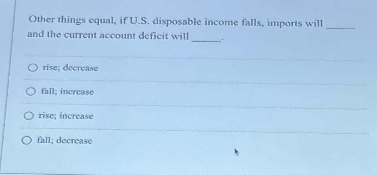 Solved Other things equal, if U.S. ﻿disposable income falls, | Chegg.com
