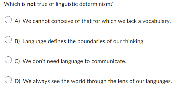 Solved Which is not true of linguistic determinism?A) ﻿We | Chegg.com