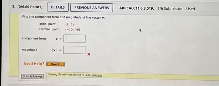 Solved 2. [0/6.66 Points] DETAILS Find the component form | Chegg.com