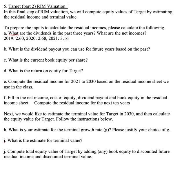 5. Target (part 2) RIM Valuation In this final step | Chegg.com