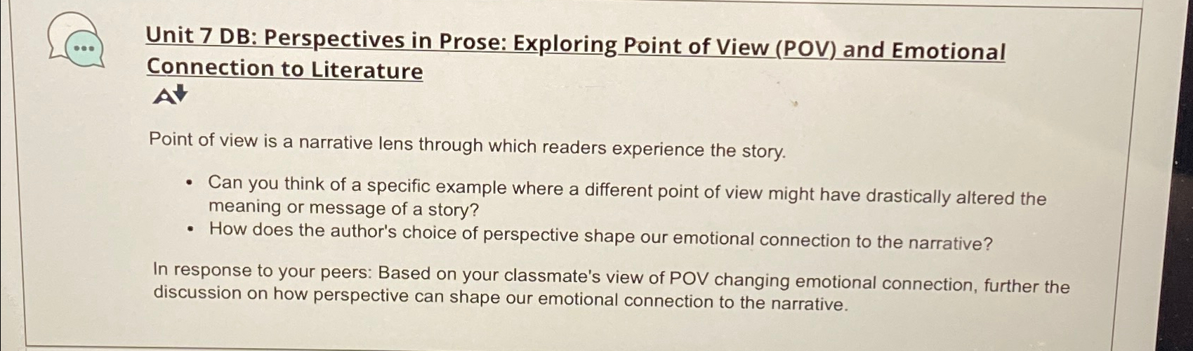 Unit 7 ﻿DB: Perspectives in Prose: Exploring Point of | Chegg.com