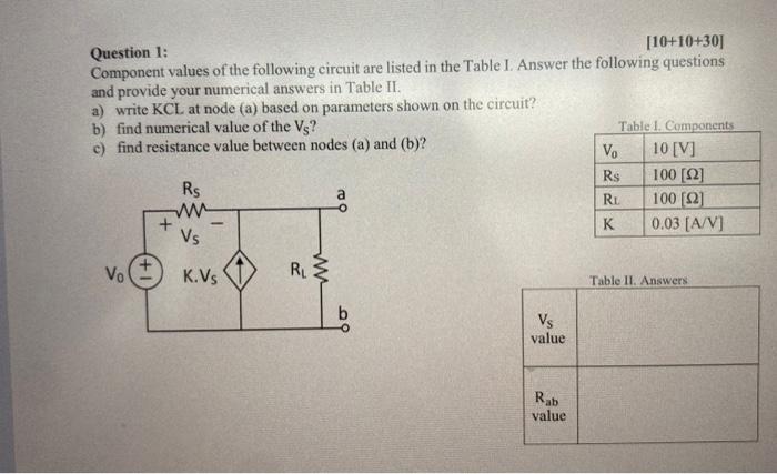 Solved Question 1: [10+10+30] Component values of the | Chegg.com