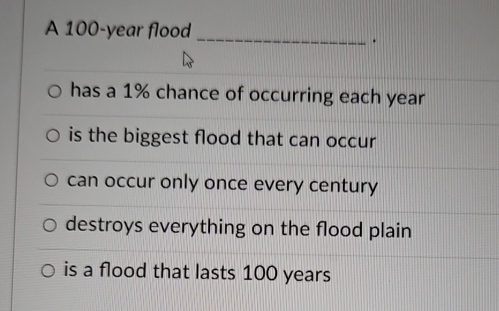 Solved A 100-year flood ﻿has a 1% ﻿chance of occurring | Chegg.com