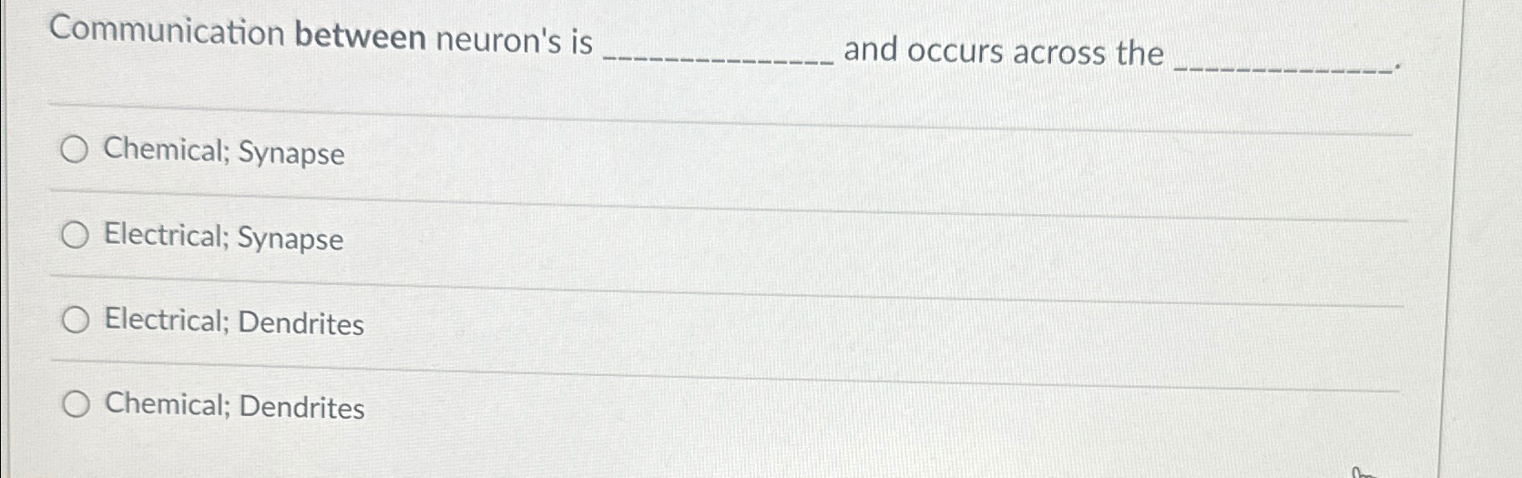 Solved Communication between neuron's is and occurs across | Chegg.com