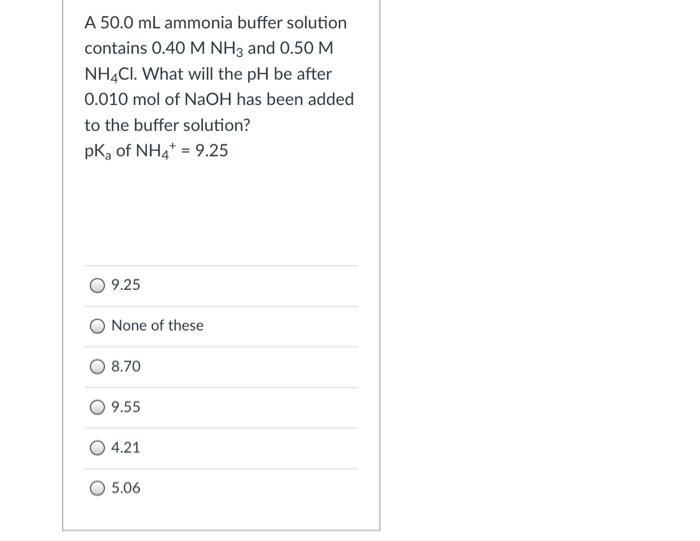 Solved A 50.0 mL ammonia buffer solution contains 0.40 M NH3 | Chegg.com
